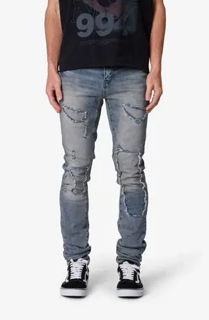 Mnml Skinny Distressed Repair Patch Jeans - Blue