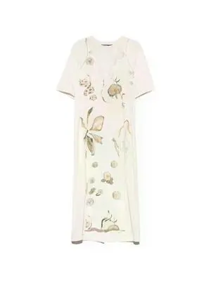 Bimba Y Lola Ivory Printed Dress With Lace Detailing On Bib - Neutrals