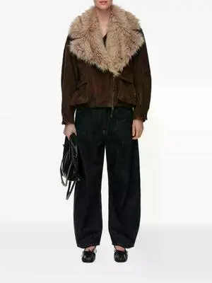Bimba Y Lola Chocolate Leather Double-breasted Jacket With Fur Collar