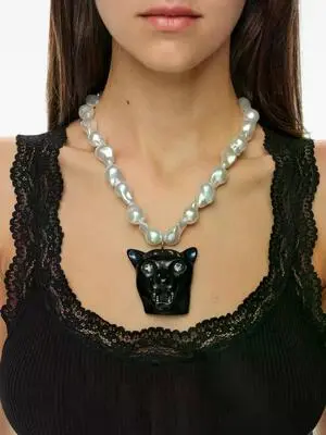 Bimba Y Lola Pearl Necklace With Black Resin Panther Head - Silver