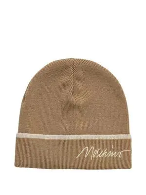 Moschino Logo-embroidered Stripe-detail Beanie Hat - Neutrals