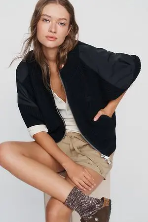 PILCRO Cotton Wool Blend Zip Up Cardigan - Black