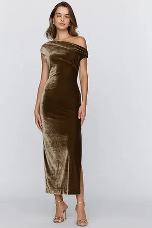 Bhldn Off Shoulder Velvet Maxi Dress - Olive