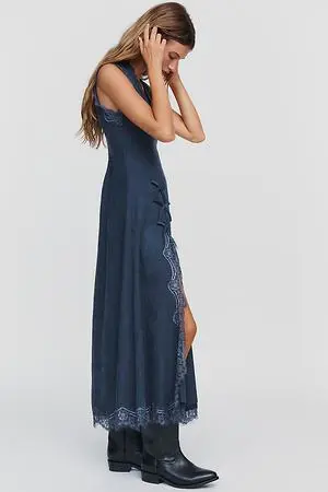 Moon River Faux-suede Lace-trim Midi Dress