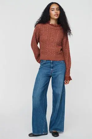 Anthropologie Cable Knit Ruffle Sweater - Chocolate