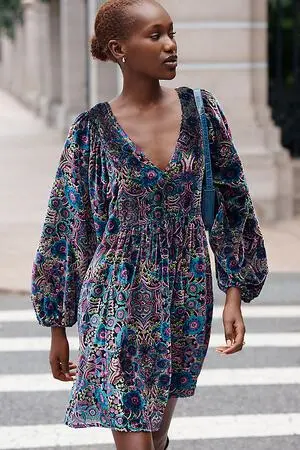 Anthropologie Burnout Velvet Mi Dress - Purple Pattern