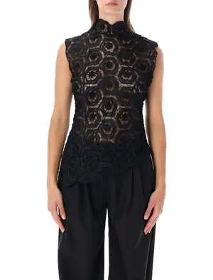 OPERASPORT Sleeveless Sheer Floral Lace Top - Nero