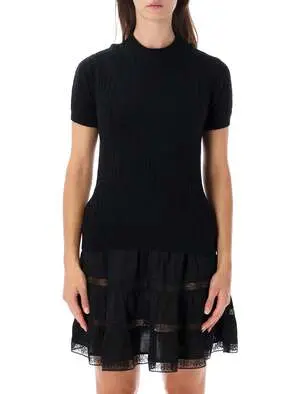 Gimaguas Textured Knit Mini Dress With Lace Trim - Nero