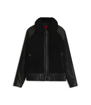 Hugo Belted Leather Jacket With Shearling Panels - Black