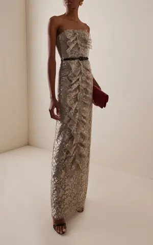 Carolina Herrera Strapless Lurex Floral Lace Gown