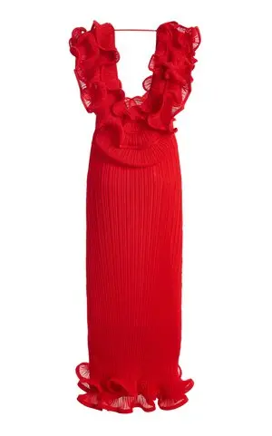 Carolina Herrera Ruffled V-neck Viscose Fine Knit Rib Dress