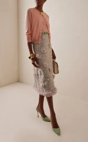 Carolina Herrera Embellished Grid Tweed Midi Skirt