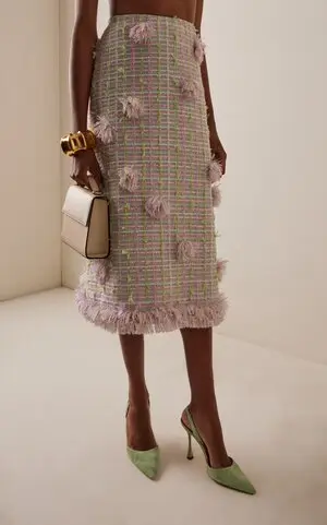 Carolina Herrera Embellished Grid Tweed Midi Skirt