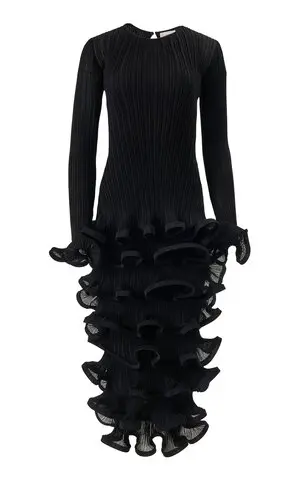 Carolina Herrera Ruffled Viscose Fine Knit Rib Dress - Black