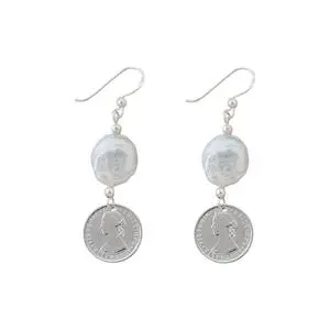 VON TRESKOW Coin & Keshi Pearl Earrings - Silver