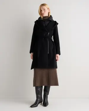 Quince Wool Cashmere Hooded Wrap Coat With Removable Down Bib - Black