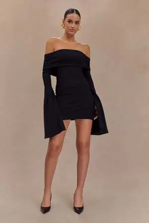 Meshki Dominique Off Shoulder Long Sleeve Mini Dress - Black