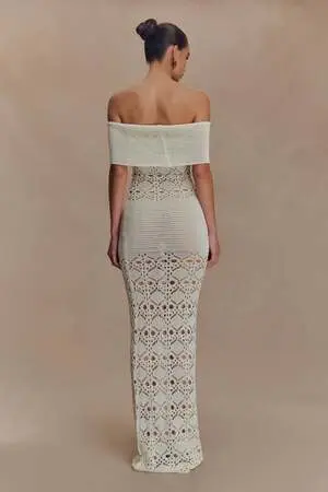 Meshki Solstice Off Shoulder Crochet Knit Maxi Dress