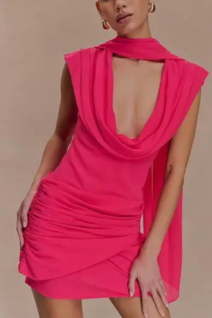 Meshki Giulia Chiffon Draped Mini Dress - Raspberry