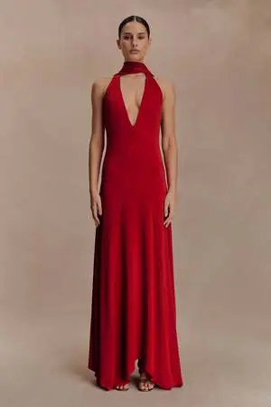 Meshki Juliet Slinky Maxi Dress With Scarf - Ruby Red