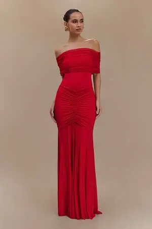 Meshki Caspian Slinky And Mesh Off Shoulder Maxi Dress - Ruby Red