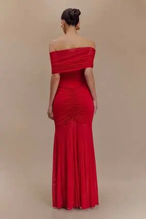 Meshki Caspian Slinky And Mesh Off Shoulder Maxi Dress