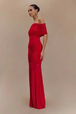 Meshki Caspian Slinky And Mesh Off Shoulder Maxi Dress