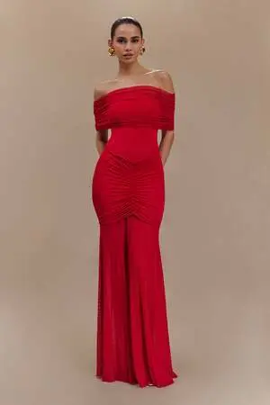 Meshki Caspian Slinky And Mesh Off Shoulder Maxi Dress