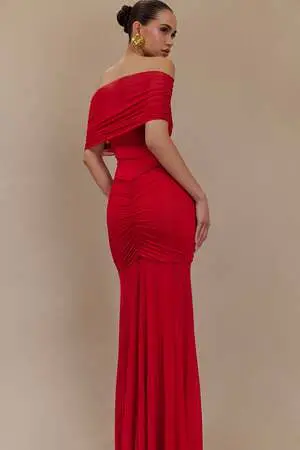 Meshki Caspian Slinky And Mesh Off Shoulder Maxi Dress