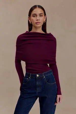 Meshki Mazie Asymetrical Cashmere Blend Long Sleeve Knit Top - Plum