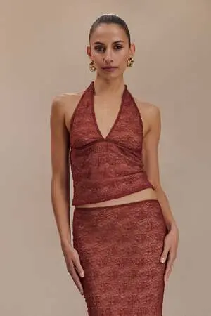 Meshki Asher Sheer Lace Halter Top - Chilli