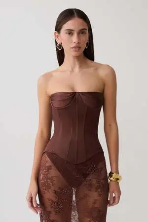 Meshki Nicolla Satin Strapless Corset - Brown