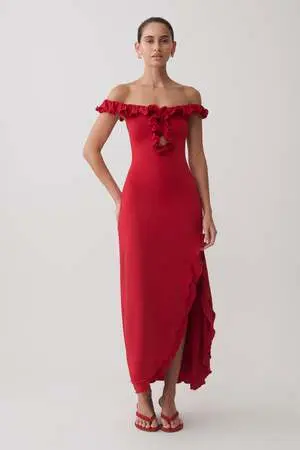 Meshki Allegra Off Shoulder Ruffle Midi Dress - Ruby