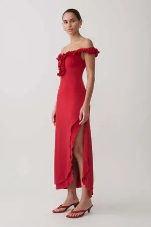 Meshki Allegra Off Shoulder Ruffle Midi Dress
