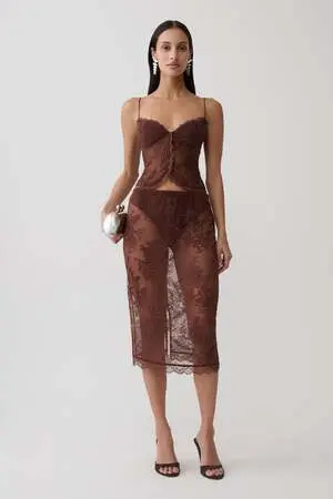 Meshki Marcelle Lace Midi Skirt - Brown