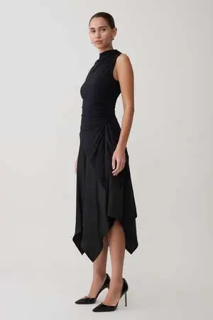 Meshki Coralie Asymmetric Satin Midi Skirt - Black