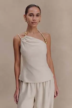 Meshki Gabby Asymmetrical Neckline Linen Beaded Top - Natural