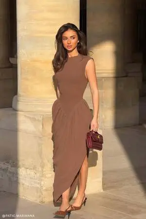 Meshki Nola Shirred Asymmetric Midi Dress - Mocha