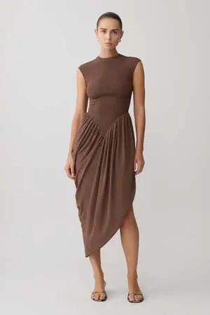 Meshki Nola Shirred Asymmetric Midi Dress