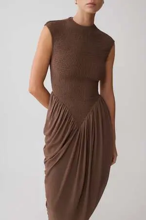 Meshki Nola Shirred Asymmetric Midi Dress