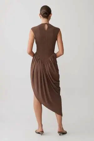 Meshki Nola Shirred Asymmetric Midi Dress