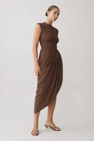 Meshki Nola Shirred Asymmetric Midi Dress