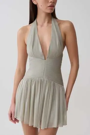 Meshki Lucille Halter Pleated Mini Dress - Silver