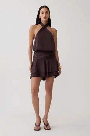 Meshki Poppy Satin Halter Mini Dress - Brown