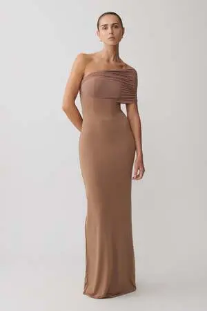 Meshki Hanh One Shoulder Mesh Maxi Dress - Tan