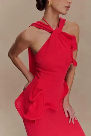 Meshki Caprice Halter Knit Maxi Dress - Red
