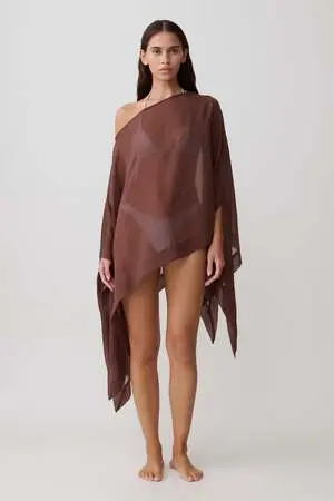 Meshki Leilani Sheer Draped Asymmetric Top - Chocolate