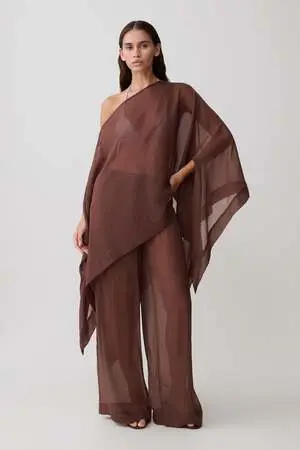 Meshki Leilani Sheer Draped Asymmetric Top - Chocolate
