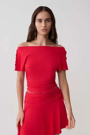 Meshki Talise Modal Flounce Short Sleeve Top - Red