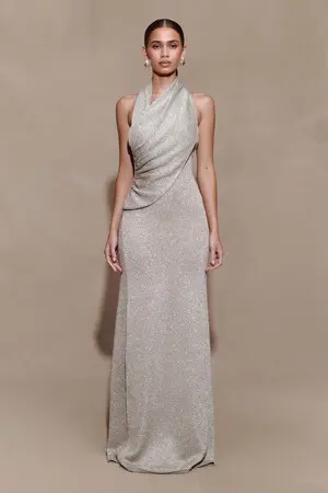 Meshki Elma Lurex Knit Halter Maxi Dress - Silver